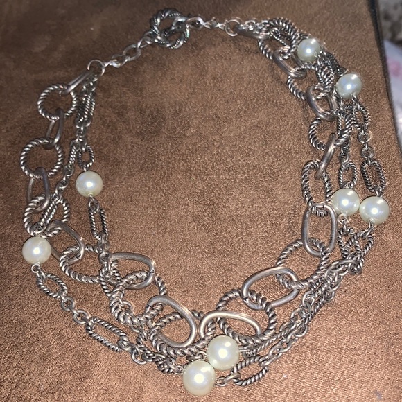 Jewelry | Silver Tone 3 Strand Chain Necklace With Faux Pearls | Poshmark